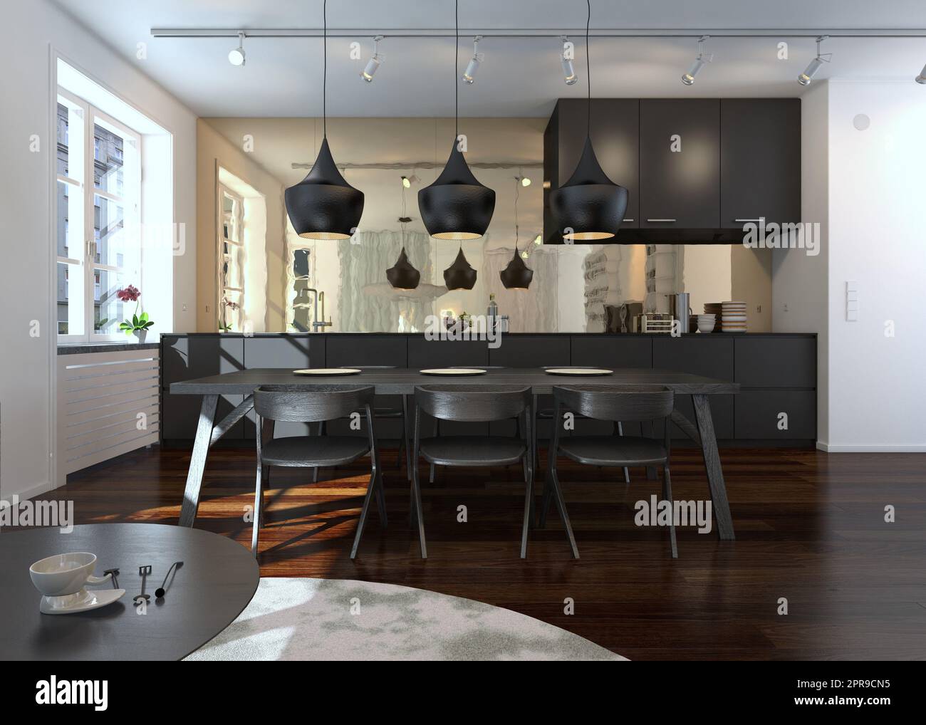 Architectural Interior of Modern Dining Room and Kitchen in Open ...