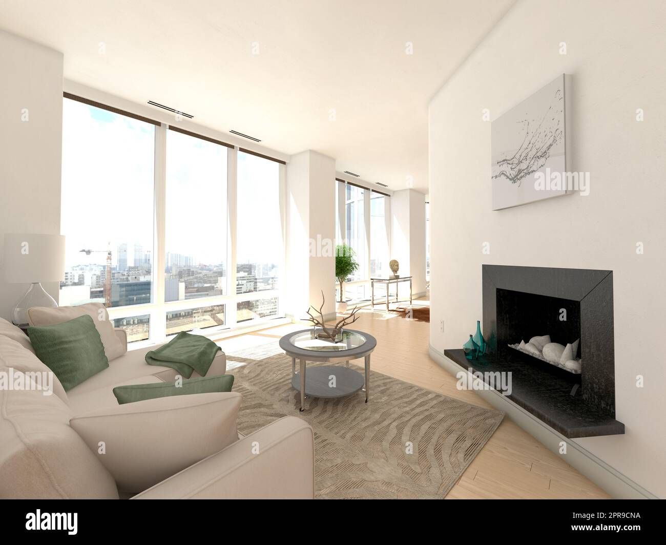 Interior of Living Room with White Furniture and Inset Fireplace in ...
