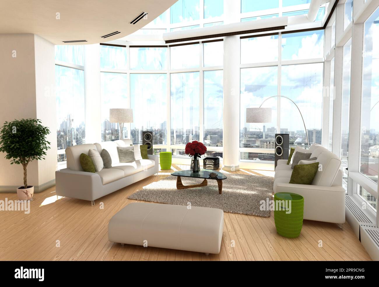 Modern living room interior with wrap around sunny view windows ...