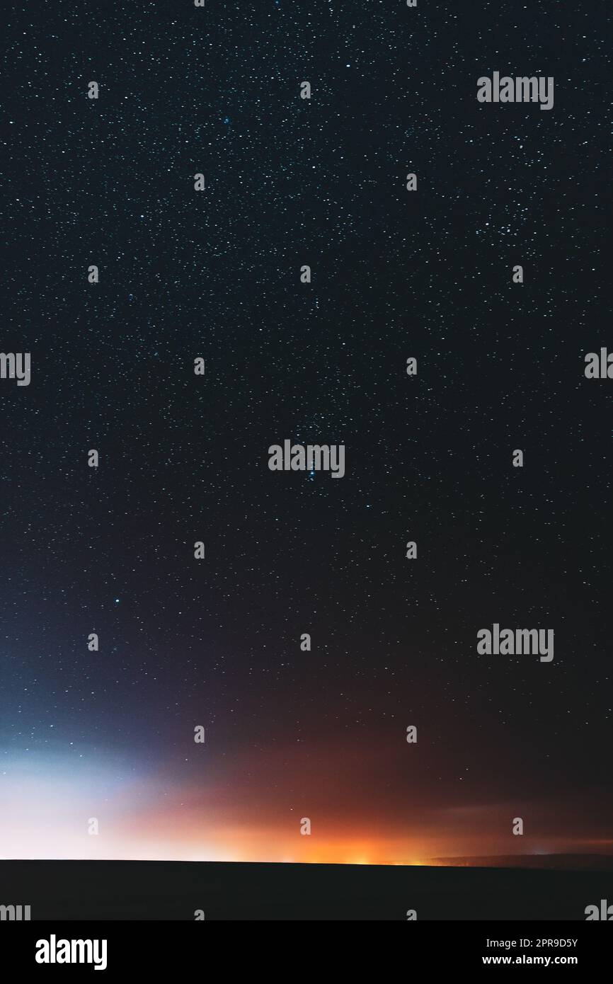 Night Starry Sky With Glowing Stars Above Countryside Landscape. Rural ...