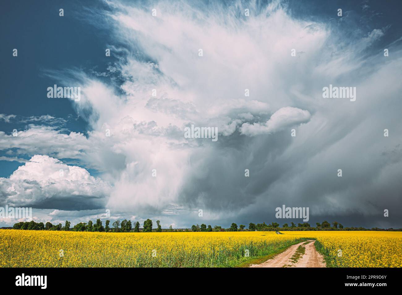 Dramatic Rain Sky With Rain Clouds On Horizon Above Rural Landscape ...