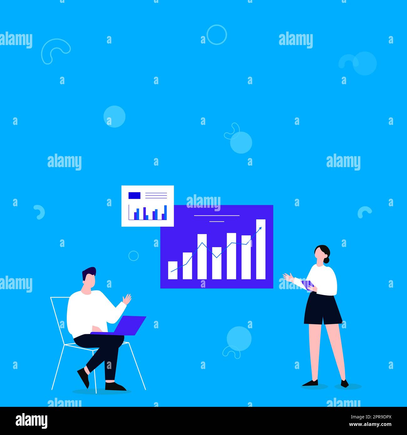 Illustration Of Man Using Laptop And Girl Standing Sharing Ideas For ...