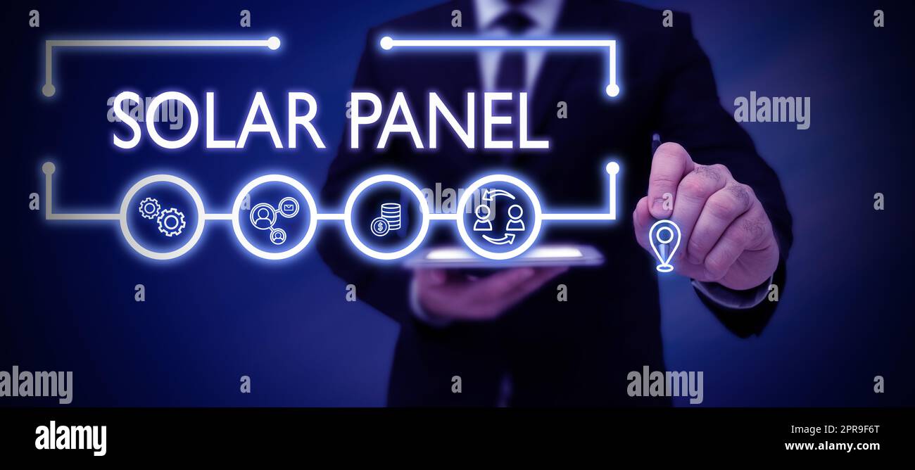 Sign displaying Solar Panel. Conceptual photo designed to absorb suns rays source of energy ...