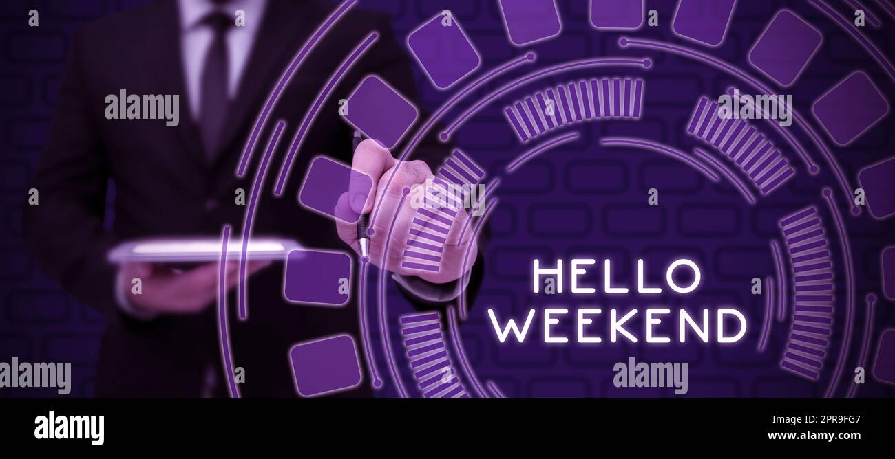 Hand writing sign Hello Weekend. Business overview Getaway Adventure ...