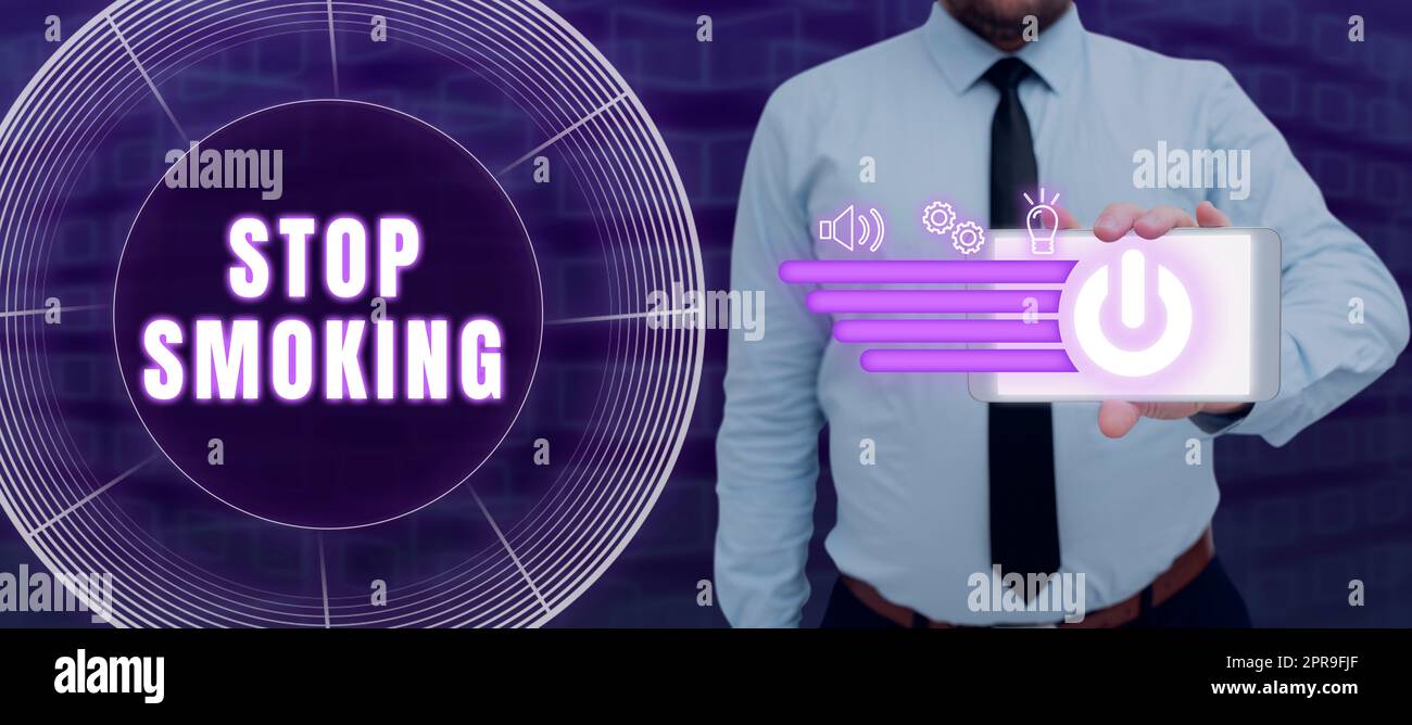 Text sign showing Stop Smoking. Concept meaning Discontinuing or stopping the use of tobacco ...
