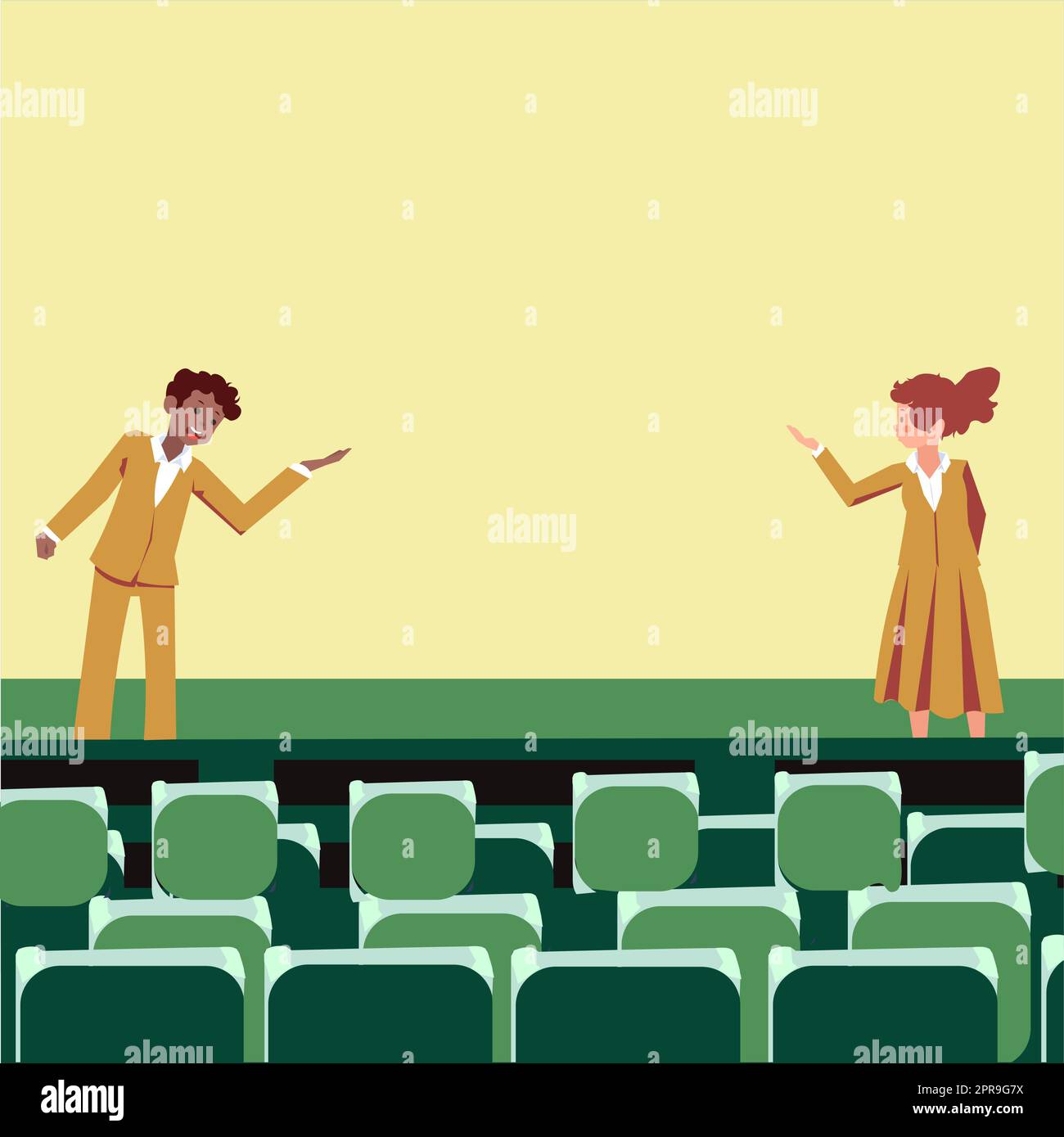 Professional corporate leaders wearing formal attire give talk speech ...