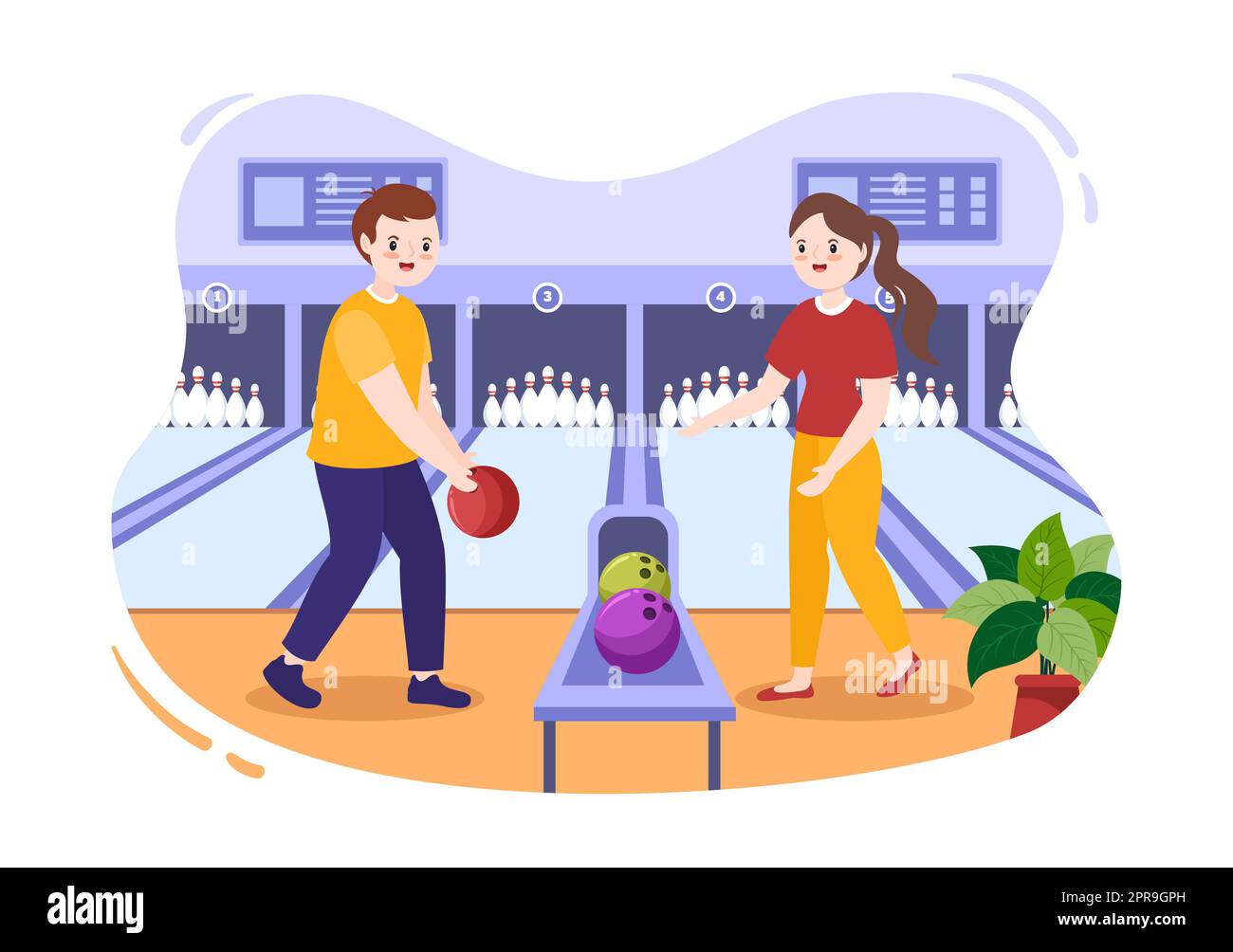 People Play Bowling Game Hand Drawn Cartoon Flat Design Illustration ...