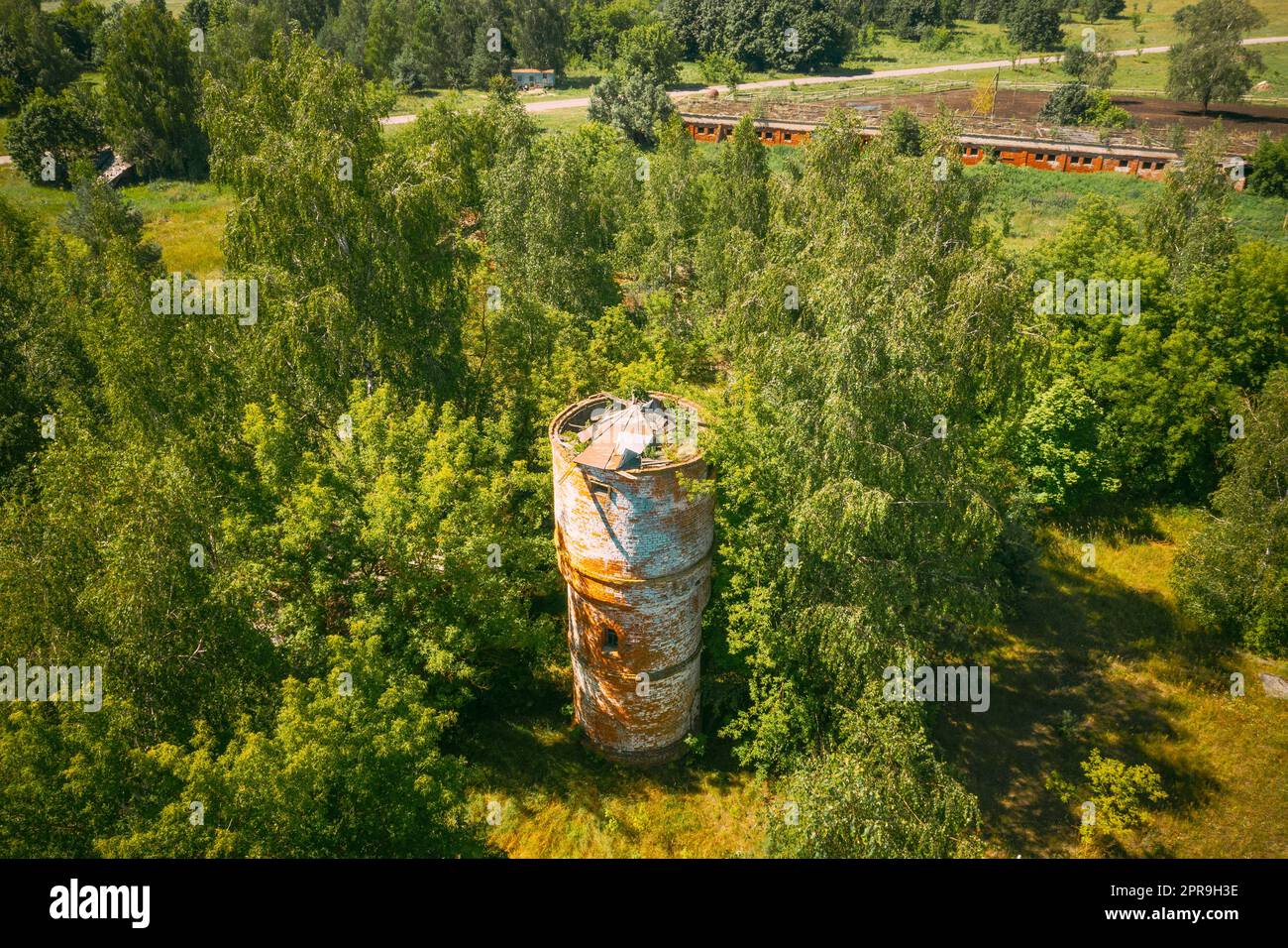 Belarus. Aerial View Of Ruined Water Tower In Chernobyl Zone. Chornobyl ...