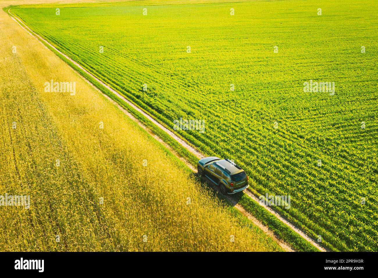 Aerial View Of Car SUV Parked Near Countryside Road In Spring Field ...