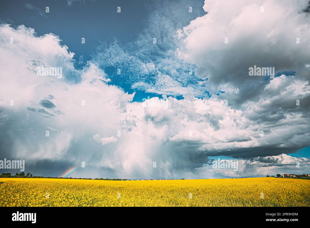 Dramatic Rain Sky With Rain Clouds On Horizon Above Rural Landscape ...