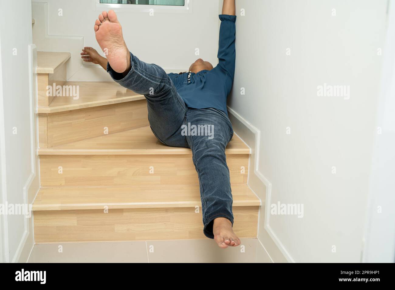 Asian lady woman patient fall down the stairs because slippery surfaces ...