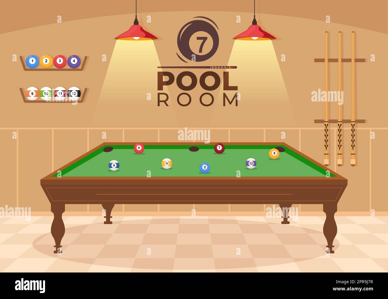 Billiards Game Hand Drawn Cartoon Flat Background Illustration with ...