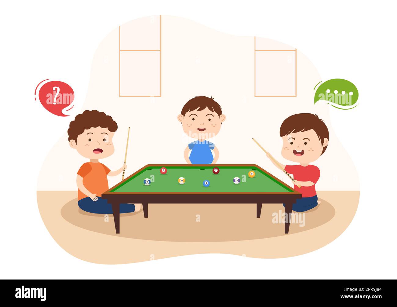 Billiards Game Hand Drawn Cartoon Flat Illustration with kids Player ...