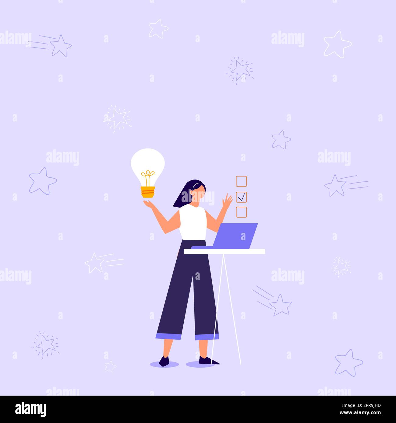 Illustration Of Girl Using Laptop Having New Amazing Ideas And Making ...