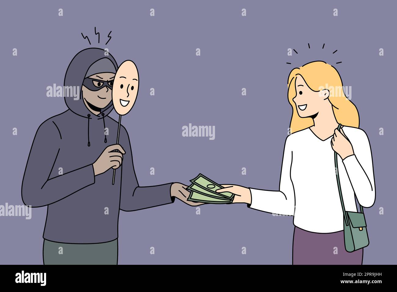 Woman giving money to male scammer in mask. Female pass cash to criminal. Scam and fraud concept ...