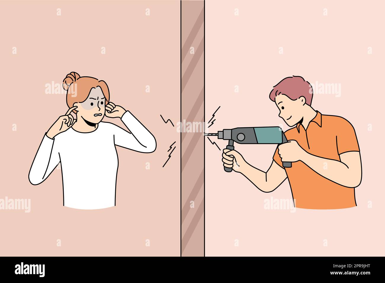 Woman annoyed with loud neighbor making home repair. Male with drill ...