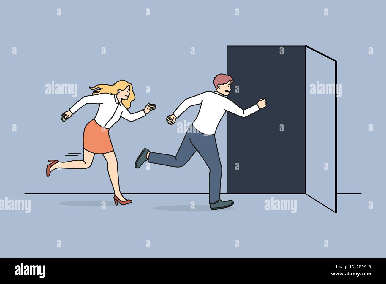 People running to open door being late in office. Businesspeople or ...