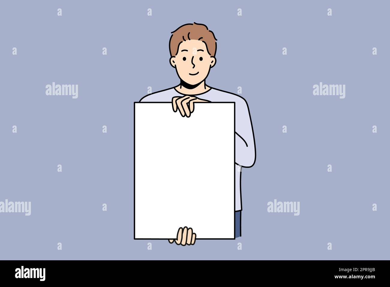 Smiling man hold white empty poster for advertising copy space. Happy ...