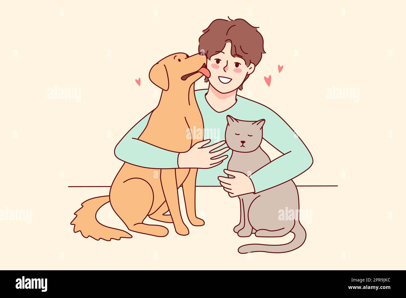 Happy man with cat and dog showing love and care. Smiling guy with pets ...