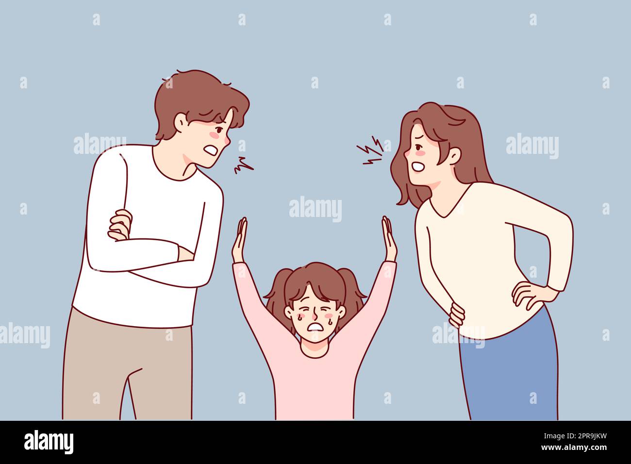 Unhappy little kid suffer from parents arguing. Small child struggle ...