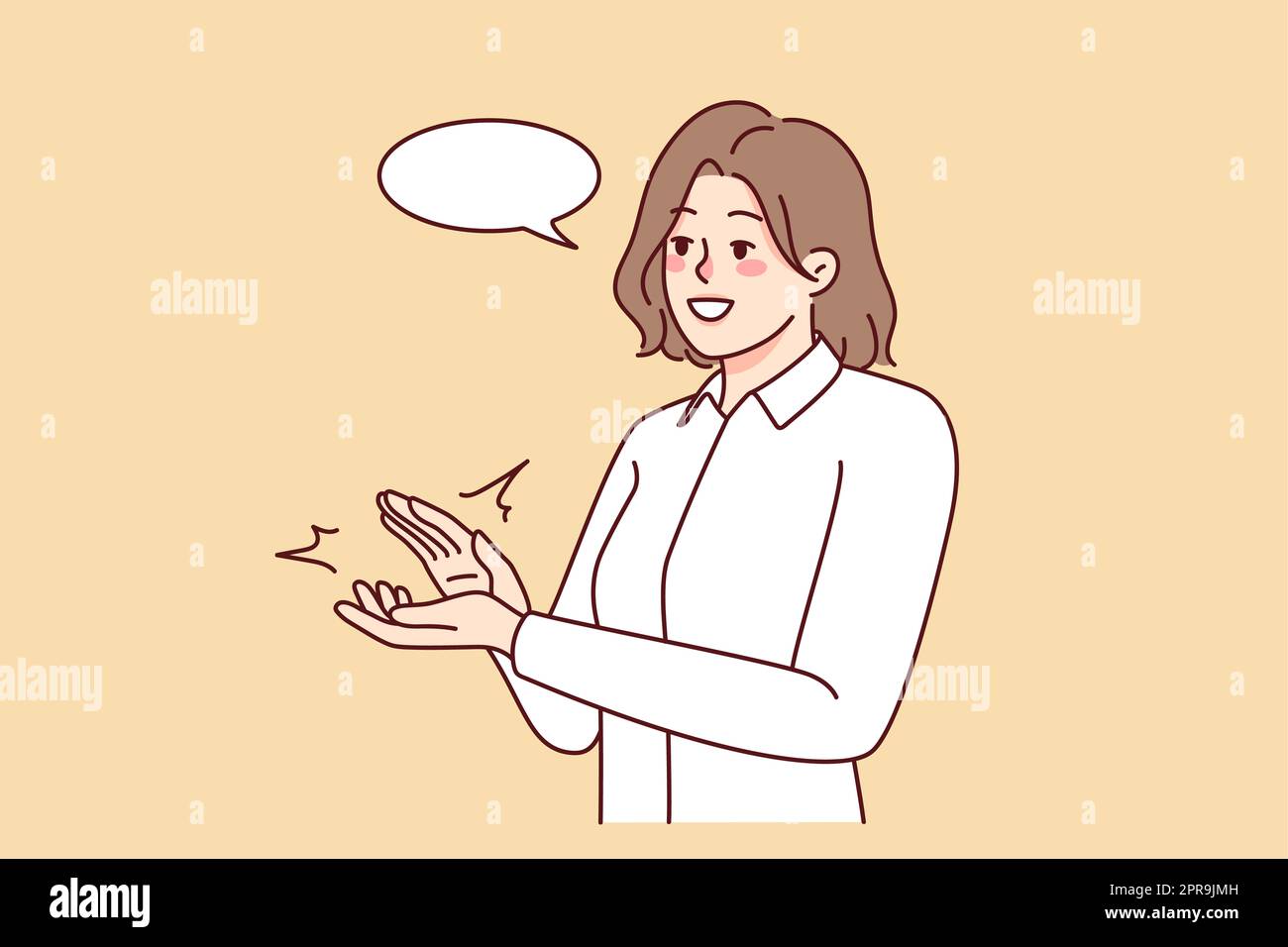 Happy businesswoman clap hands show appreciation and gratitude. Smiling ...