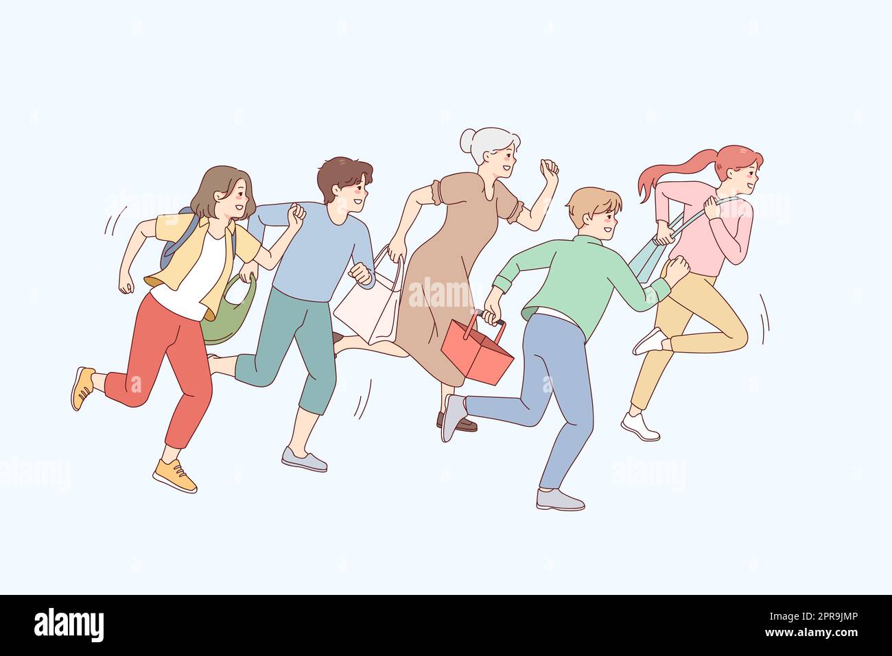 People running go shopping on sales. Excited shopaholics rush hurry for ...