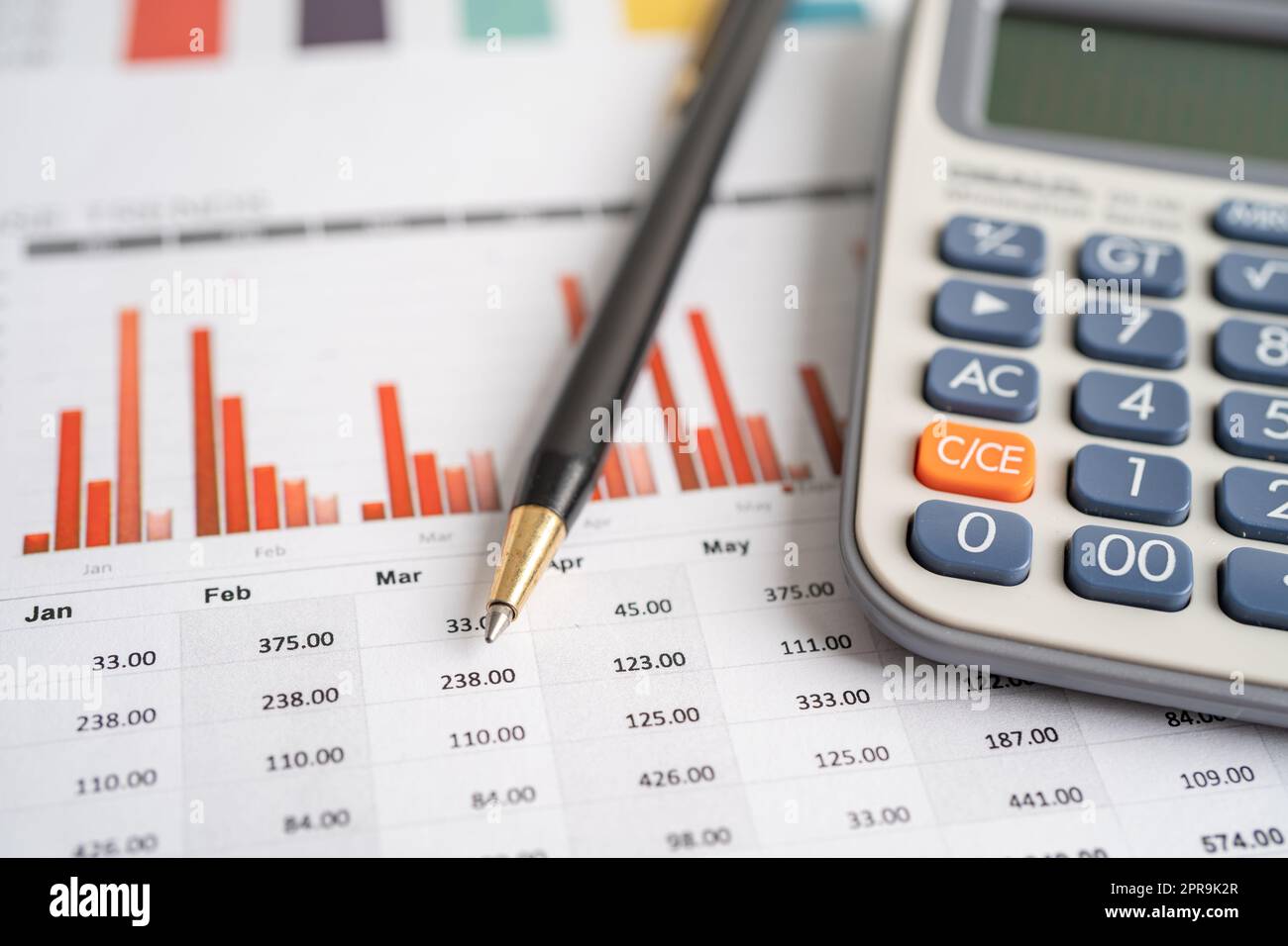 Calculator on preadsheet table paper with graph. Finance development ...