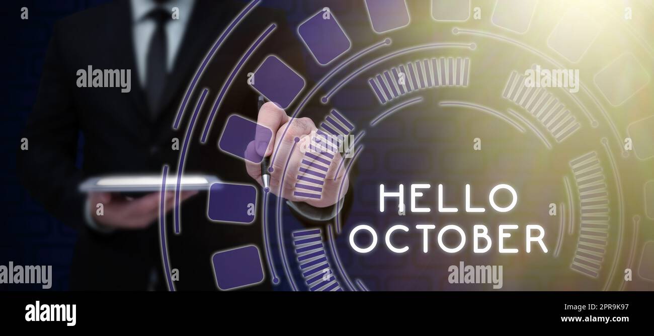 Conceptual caption Hello October. Word Written on Last Quarter Tenth ...