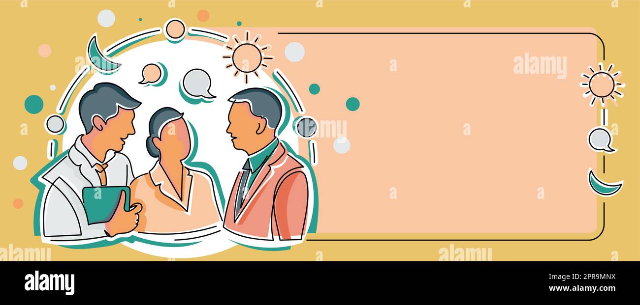 Three Colleagues Standing Sharing Thoughts Together With Speech Bubbles ...