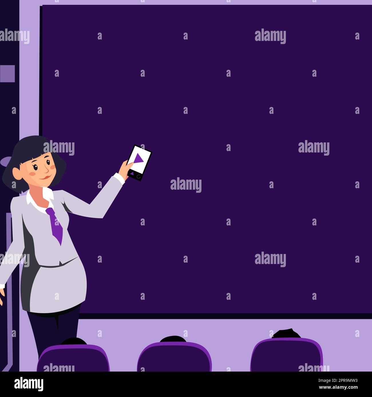 Woman Holding Remote Control Presenting Latest Ideas On Backdrop Screen ...