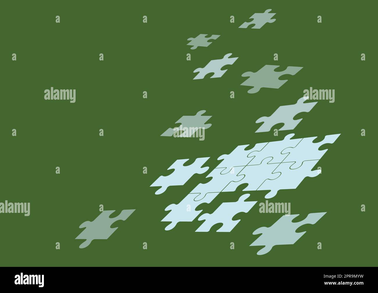 Jigsaw puzzle pieces hovering above blank space merging together ...