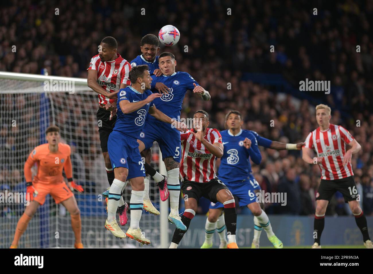 London, UK. 26th Apr, 2023. Chelasa clear a Brentford ling throw in ...
