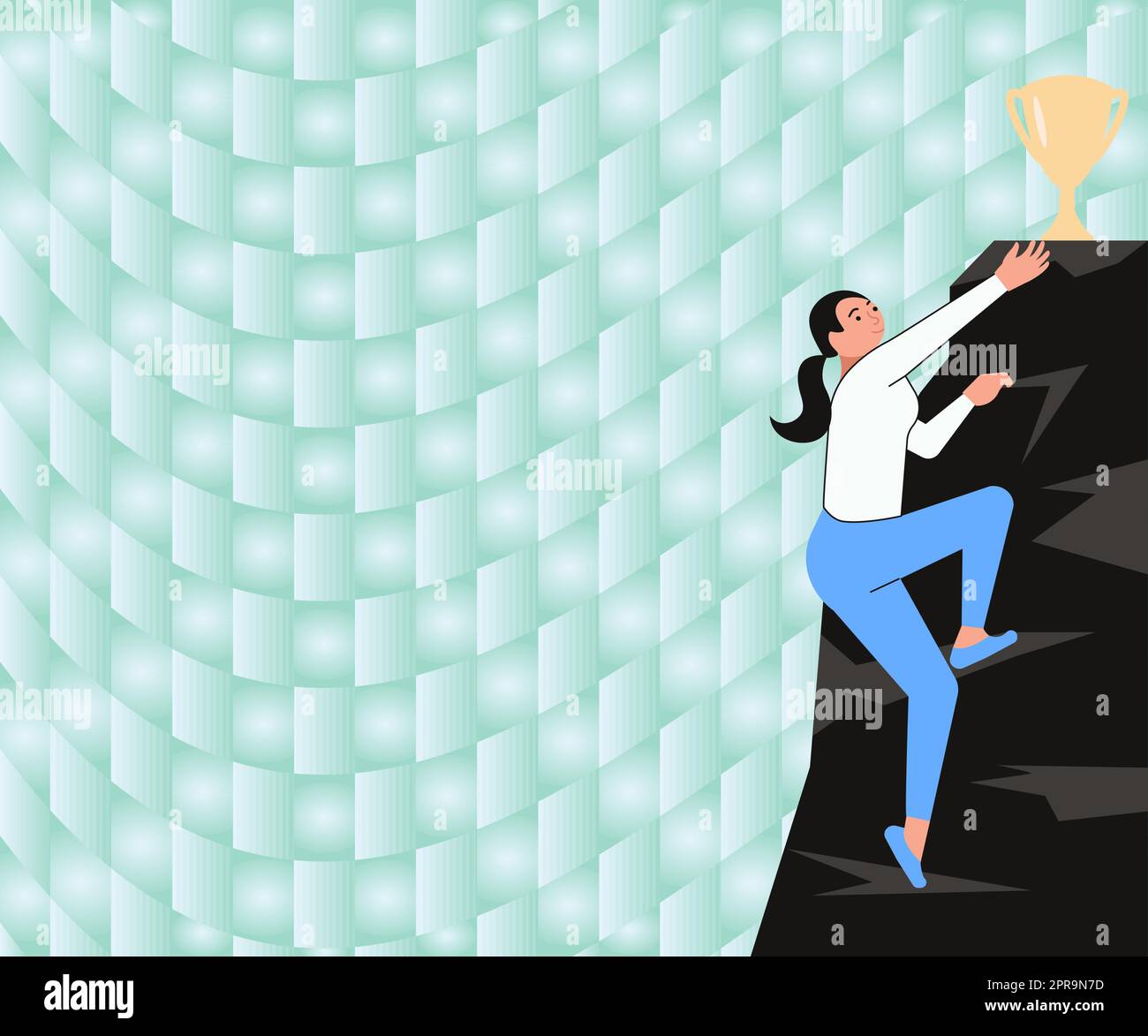 Woman Climbing Mountain Reaching Trophy Representing Successfully ...