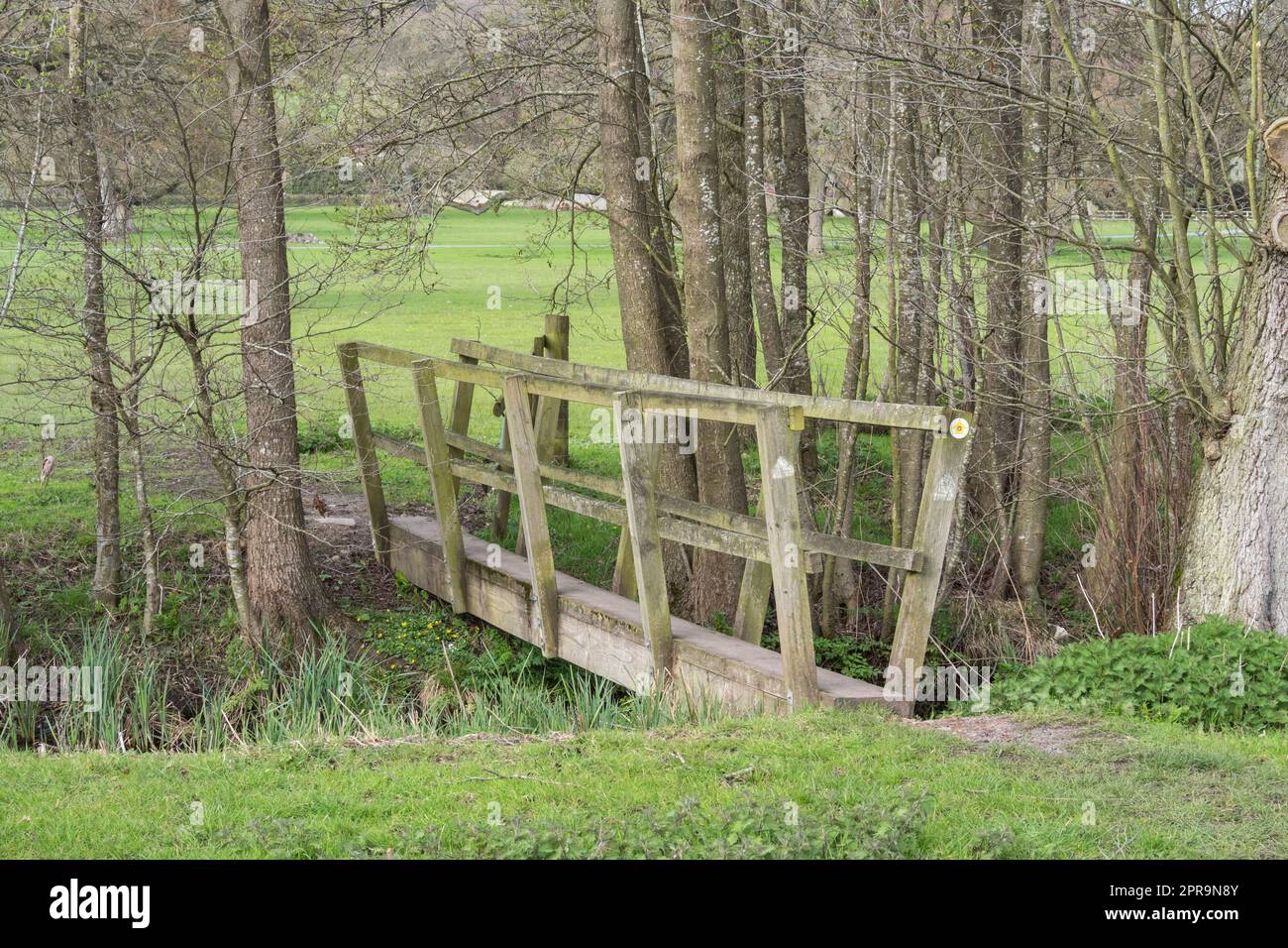 Small wooden pedestrian bridge on a path near Henley-On-Thames ...
