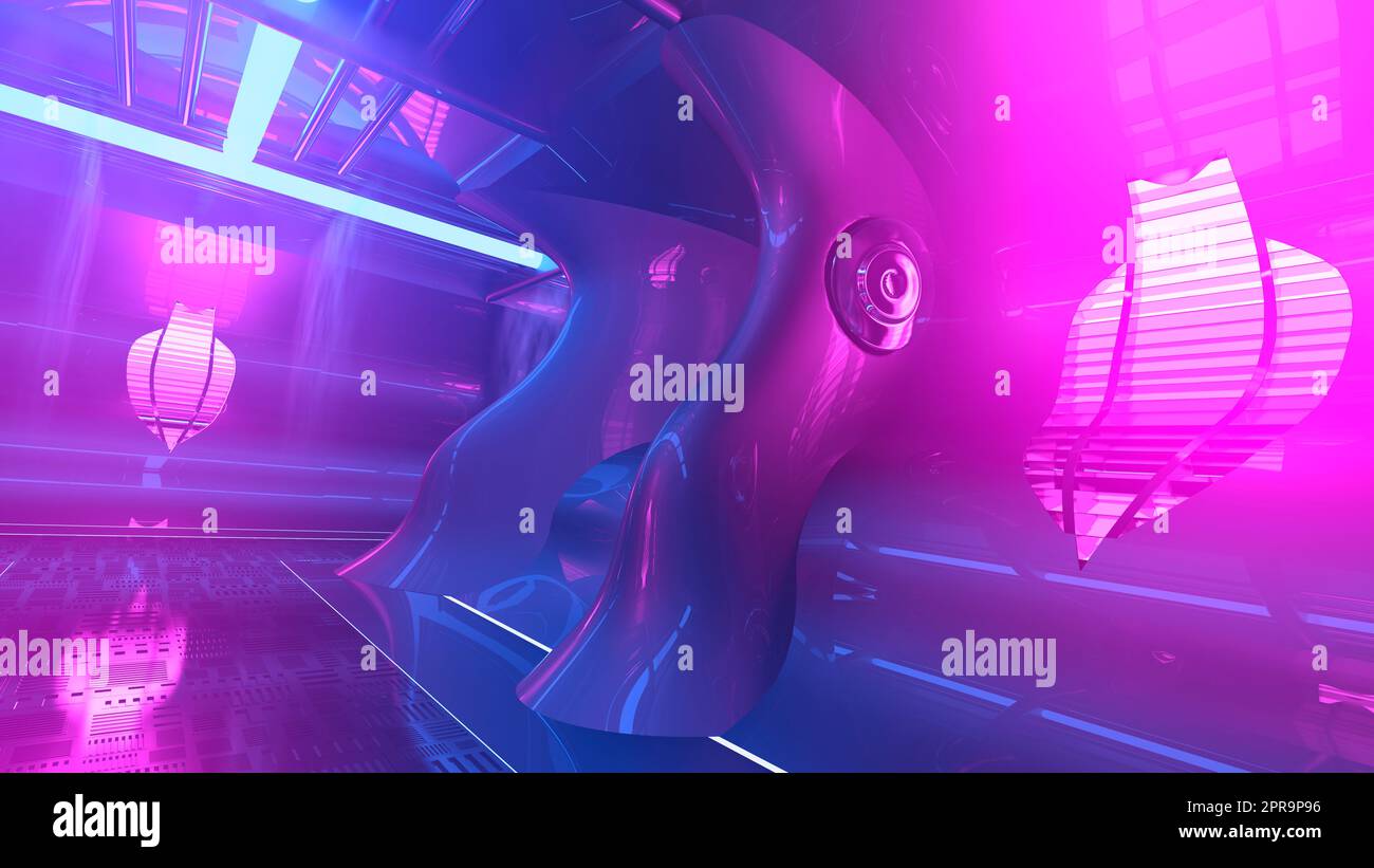 3D rendering of a science fiction hallway in blue and purple neon light ...