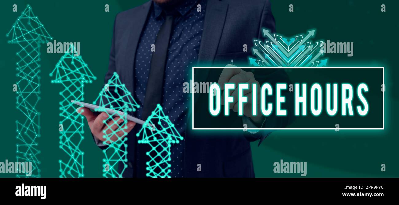 Text showing inspiration Office Hours. Conceptual photo The hours which ...