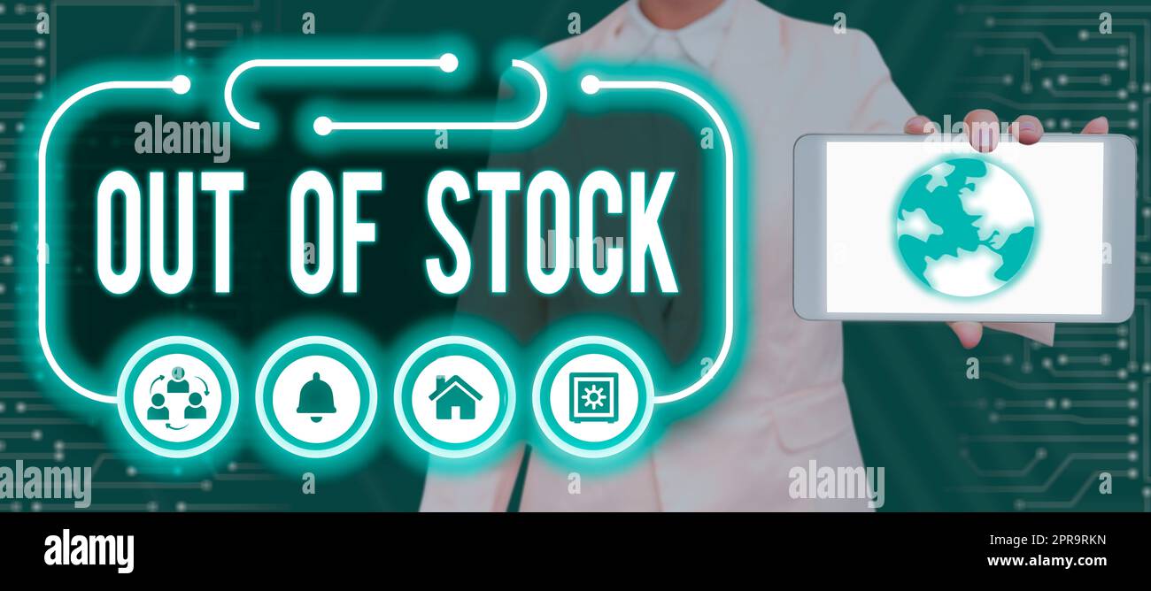 Text caption presenting Out Of Stock. Word Written on Not available ...