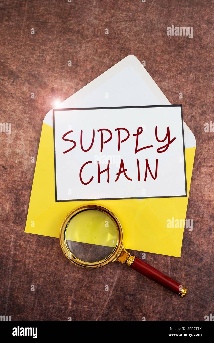 Hand writing sign Supply Chain. Word Written on System of organization ...