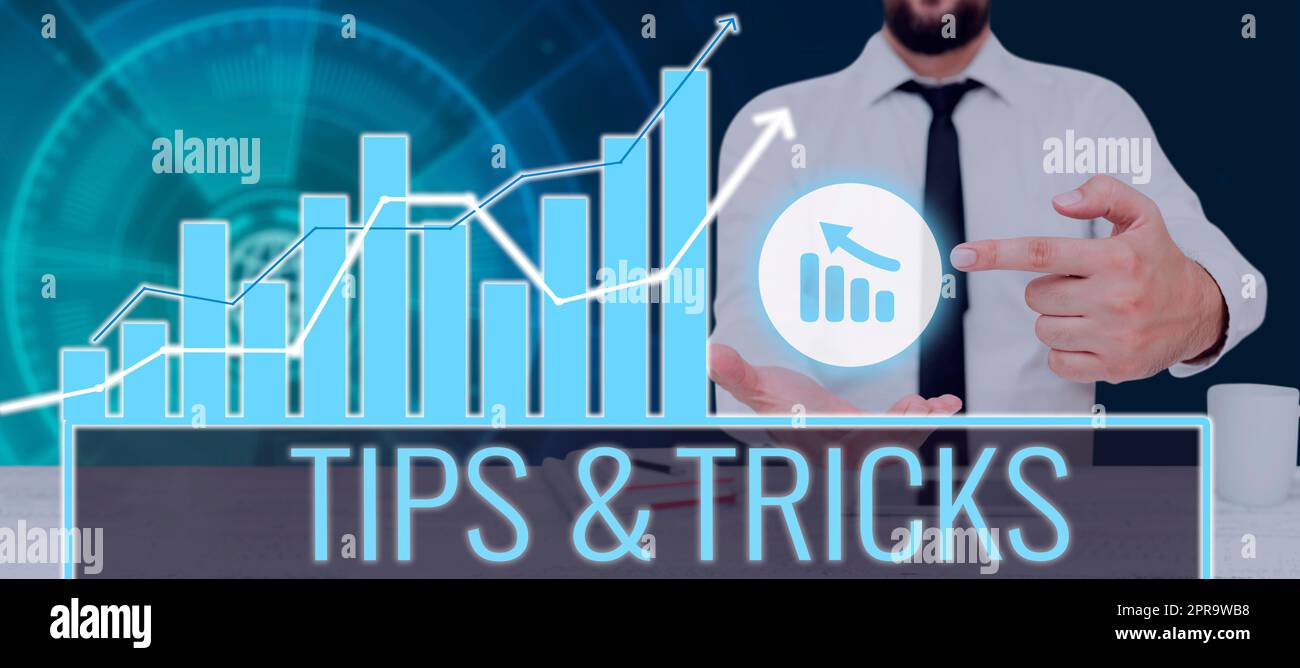 Hand writing sign Tips And Tricks. Business showcase Steps Lifehacks ...