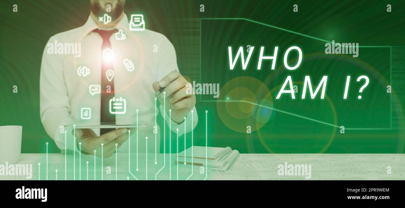 Inspiration showing sign Who Am I. Conceptual photo Introduce Identify ...