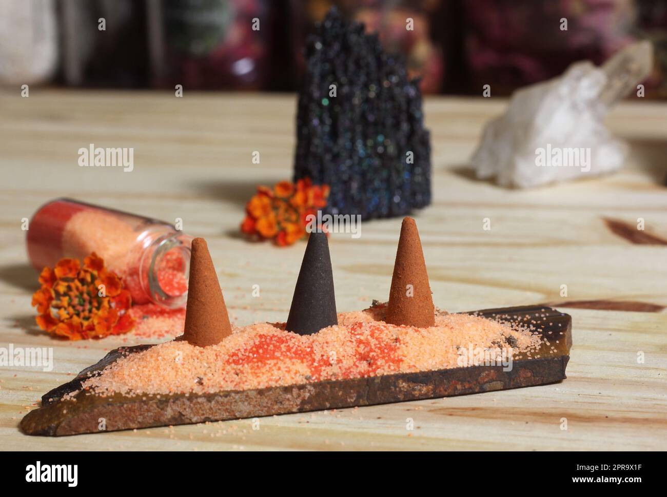 Rock Crystal With Incense and Stone Pyramid on Meditation Altar Stock ...