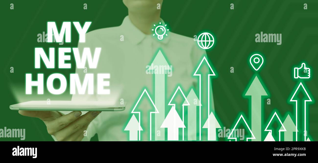 Sign displaying My New Home. Internet Concept Relocation moving to ...