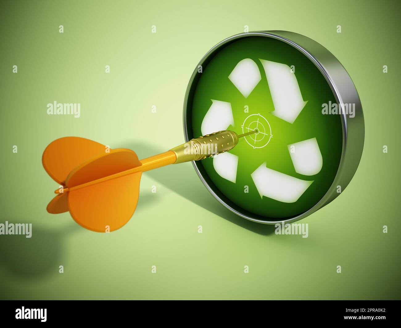 Dart needle hit at the center of target with recycle symbol. 3D ...