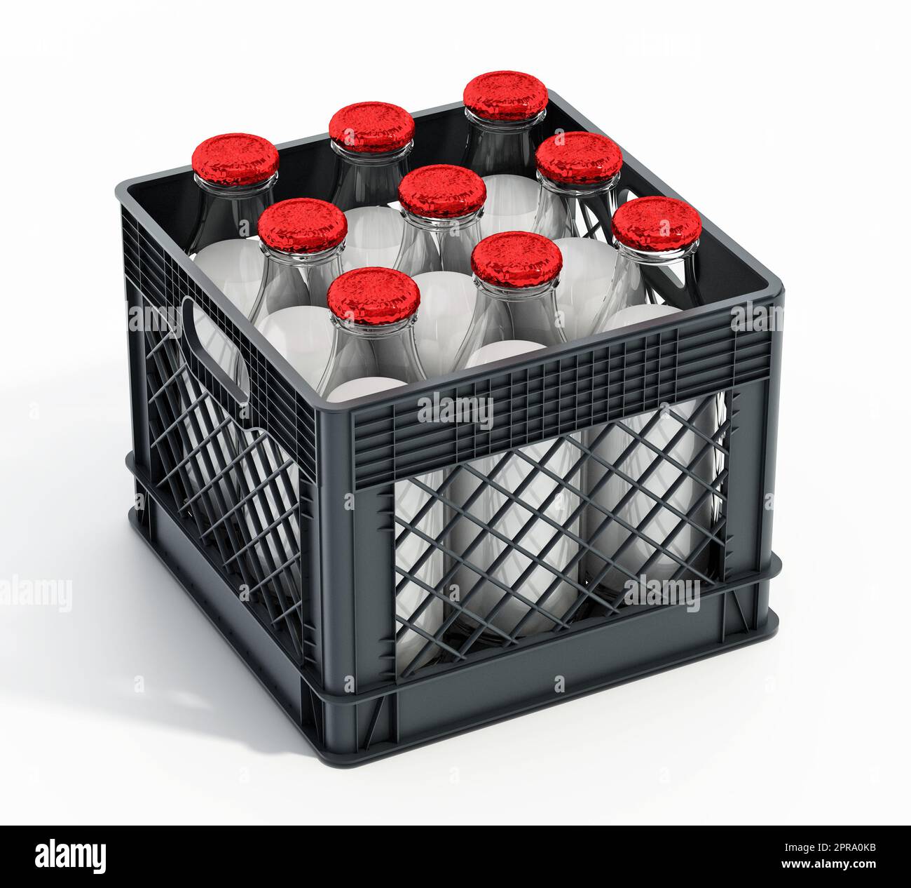 Milk bottles inside plastic crate. 3D illustration Stock Photo - Alamy