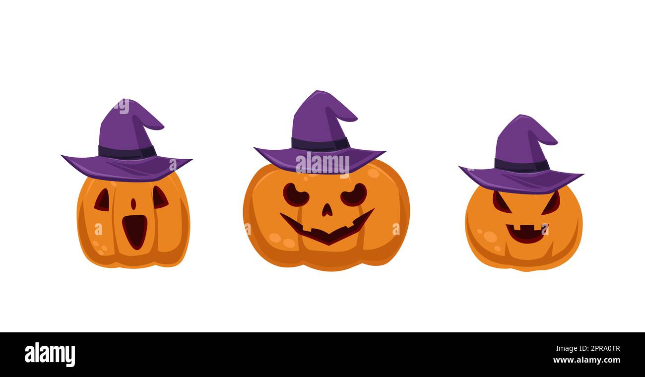 Festive set 3 pcs. halloween pumpkins in hat isolated on white ...