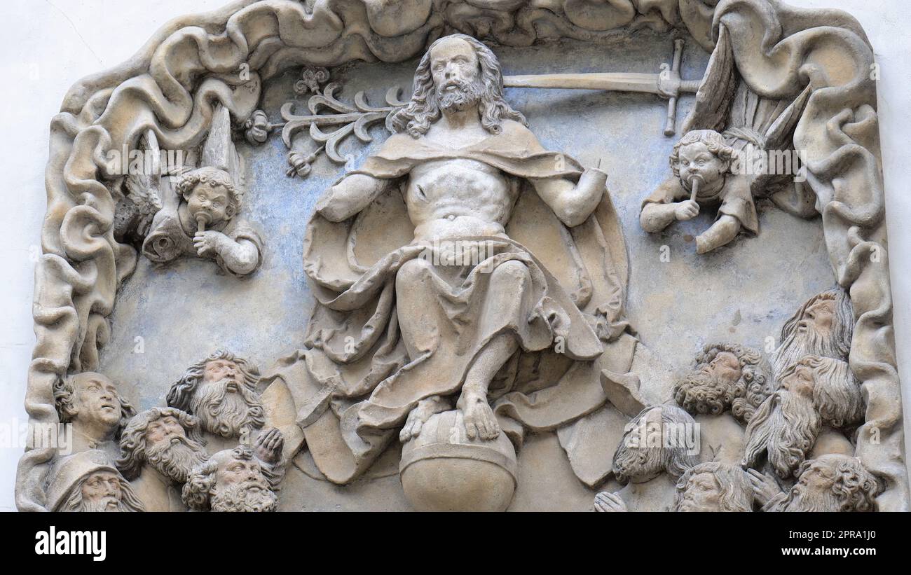 An old medieval relief depicting the Last Judgment, Final Judgment, Day ...