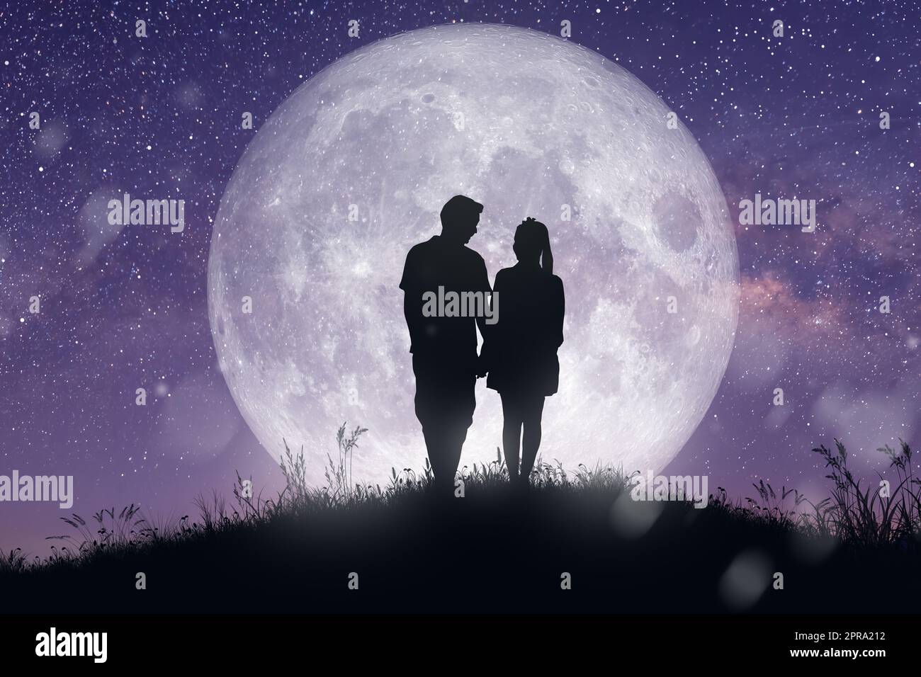 Silhouette of Couple, Lover, Relationship at night landscape Stock ...
