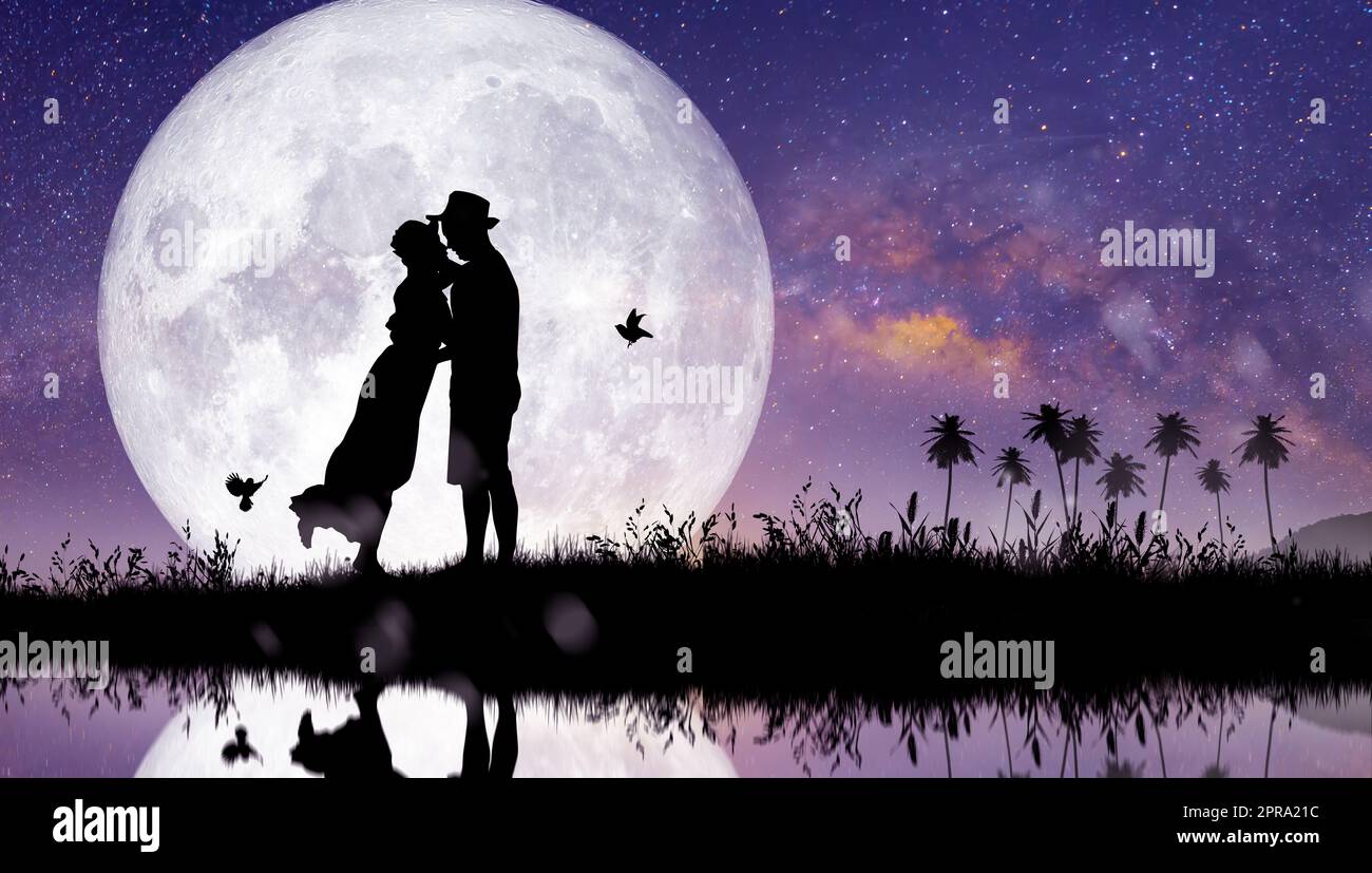 Silhouette of Couple, Lover, Relationship at night landscape Stock ...
