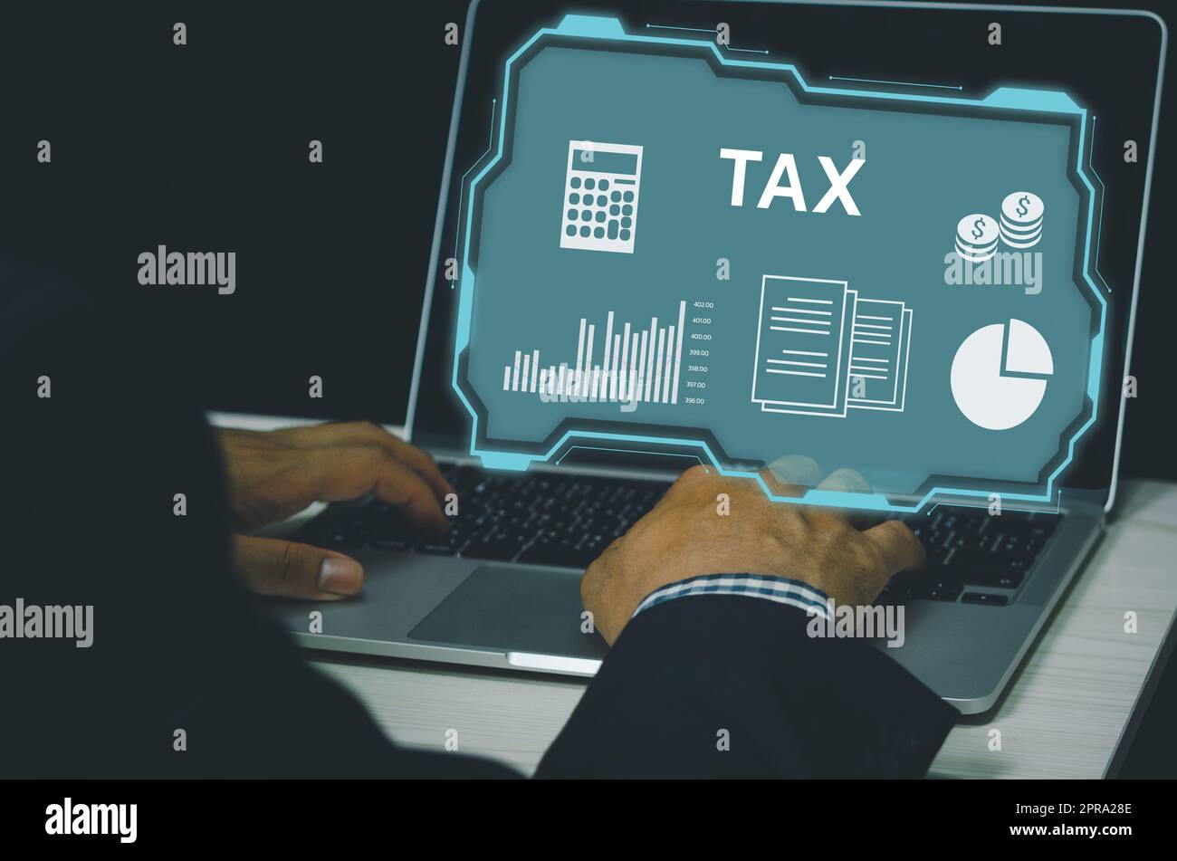 man hand typing on computer laptop icon symbol tax virtual screen ...