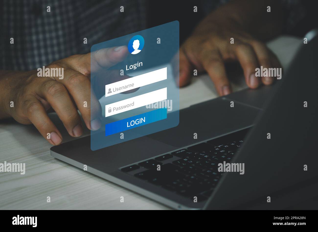 man using keyboard computer laptop login interface on touch screen. user name and password ...